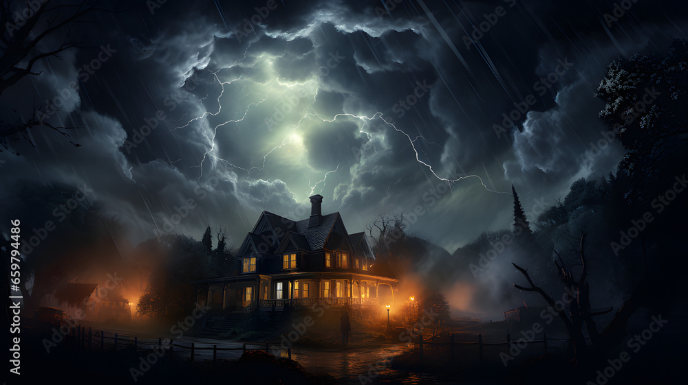 haunted house on a stormy night, with lightning illuminating its eerie ...