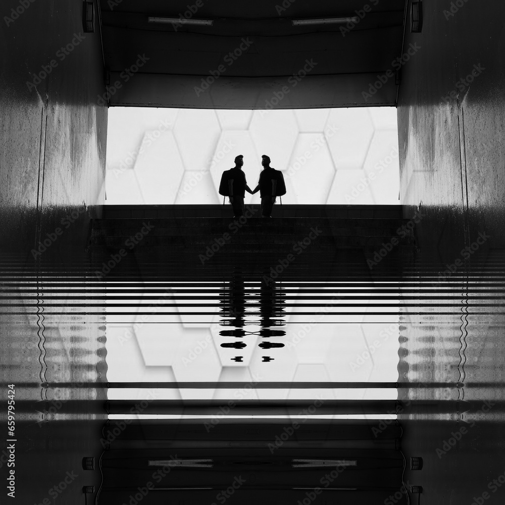 grunge style inner city design with silhouetted couple reflected and ...
