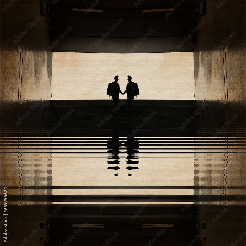grunge style inner city design with silhouetted couple reflected and ...