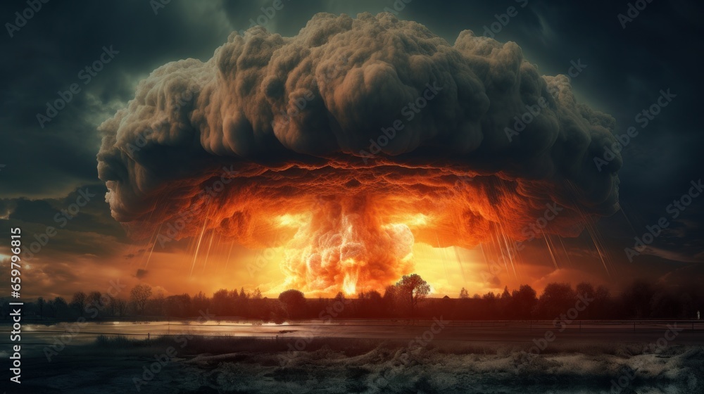 Nuclear explosion. Stormy sky, shock wave against the background of a ...