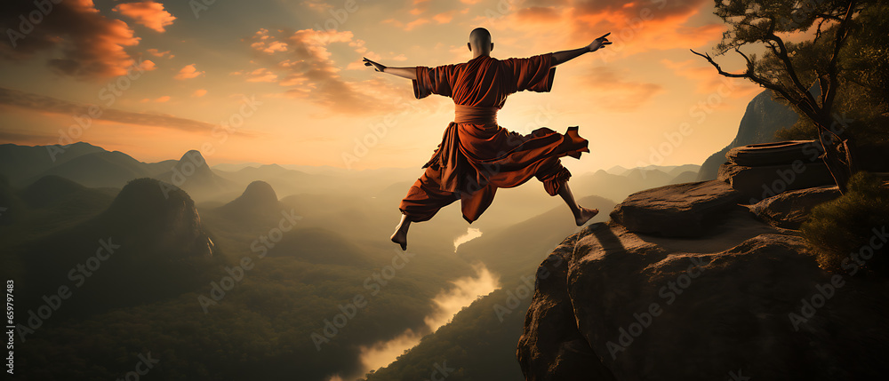 Shaolin Warrior Monk Practicing Extreme Kung Fu Jumping Stock Photo ...