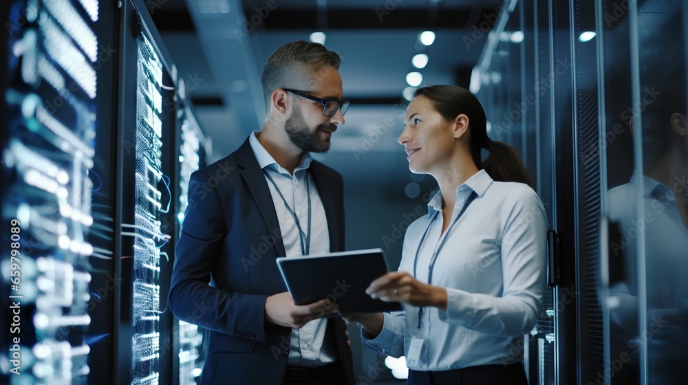 Professional female IT specialist in server room is talking with ...