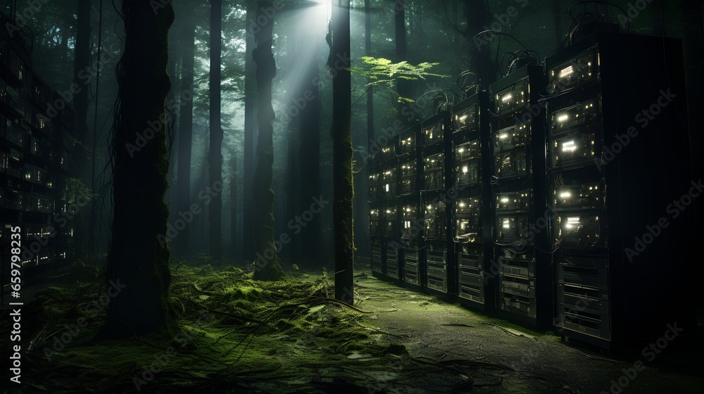 Hightech server room in heart of a lush, deep forest. Advanced ...