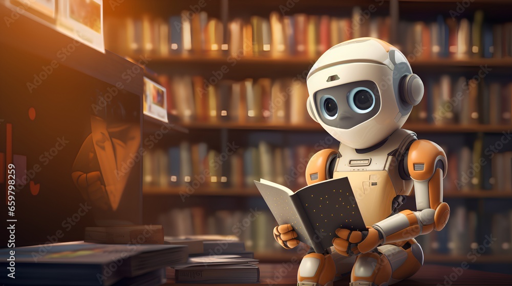 Robot reading book in library as growth in machine learning and ...