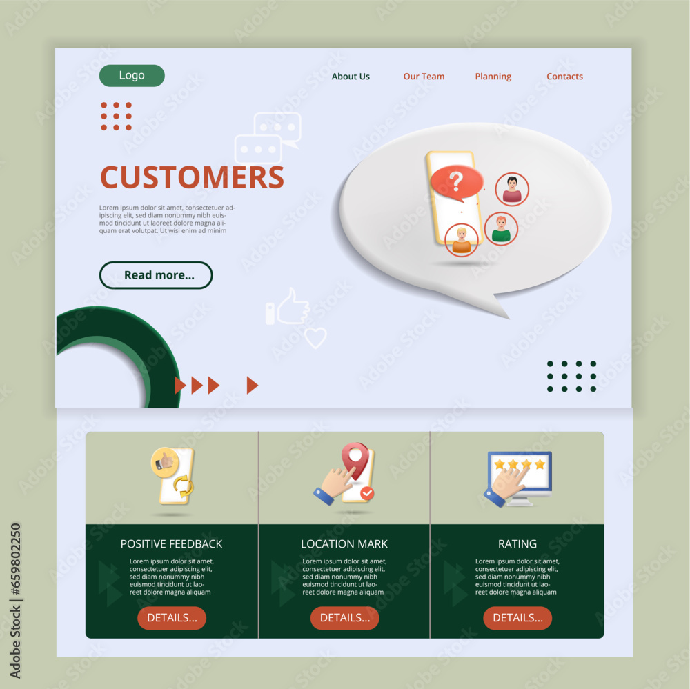Customers flat landing page website template. Positive feedback ...