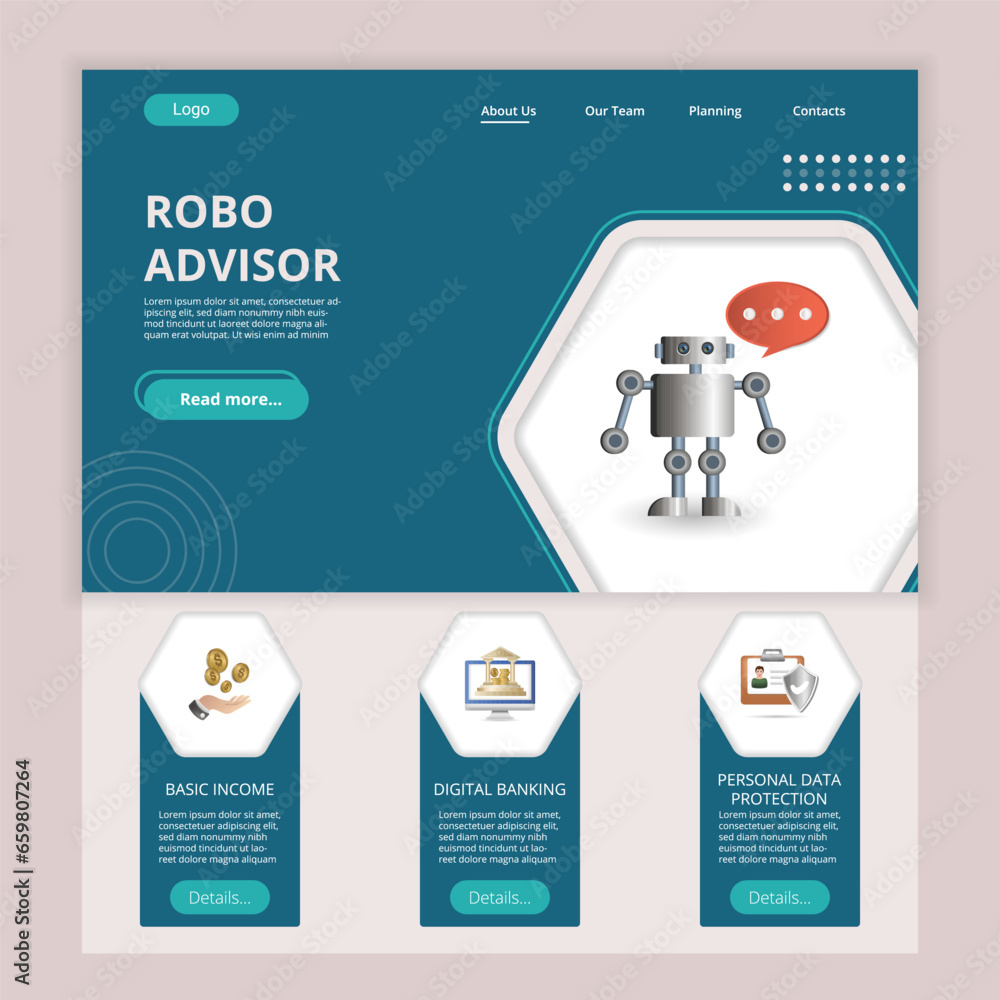 Robo advisor flat landing page website template. Basic income, digital ...