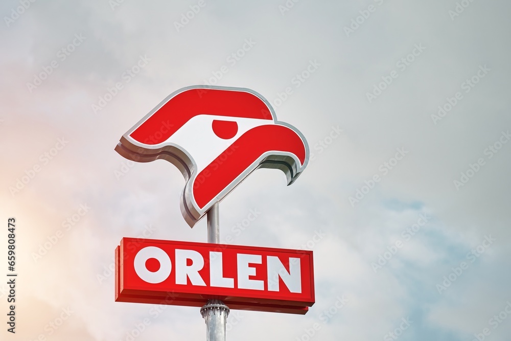 Gdansk, Poland - September 2, 2023: PKN Orlen logo with a blue sky ...