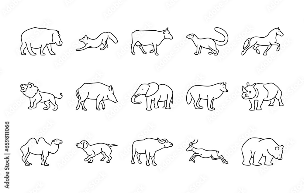 Animals linear vector icons. Isolated outline of animals hippopotamus ...