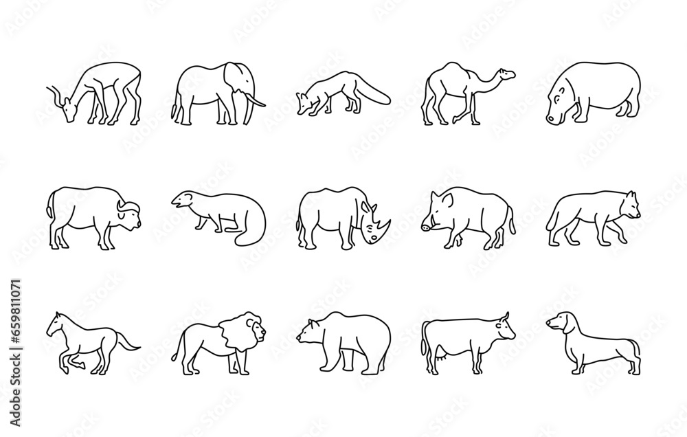 Animals linear vector icons. Isolated outline of animals elephant, fox ...