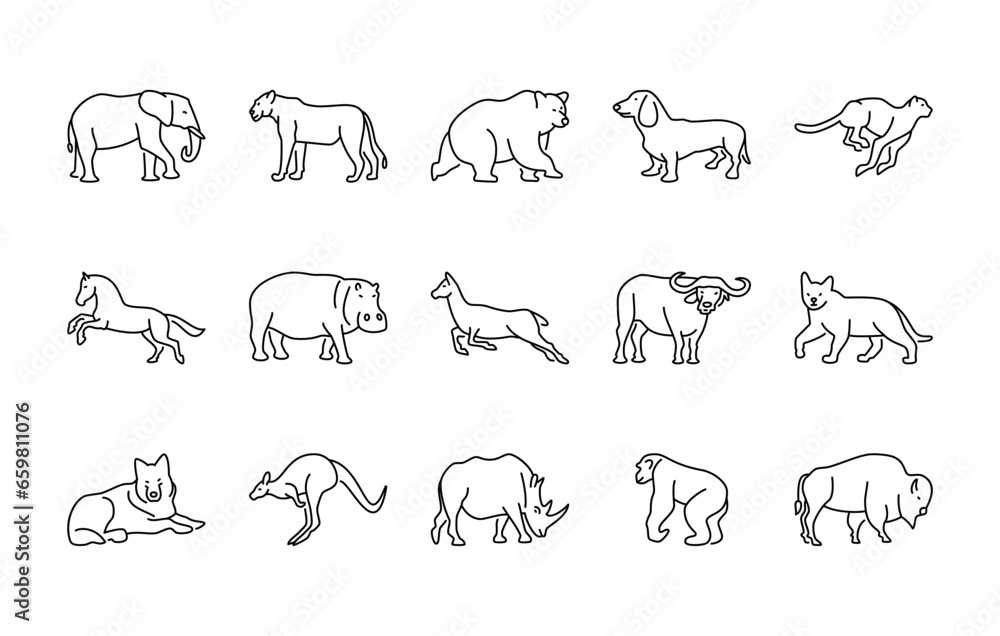 Animals linear vector icons. Isolated outline of animals elephant ...
