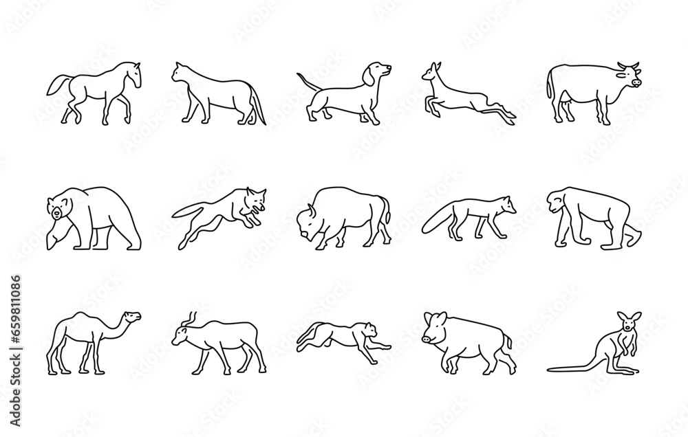Animals linear vector icons. Isolated outline of animals horse, cat ...