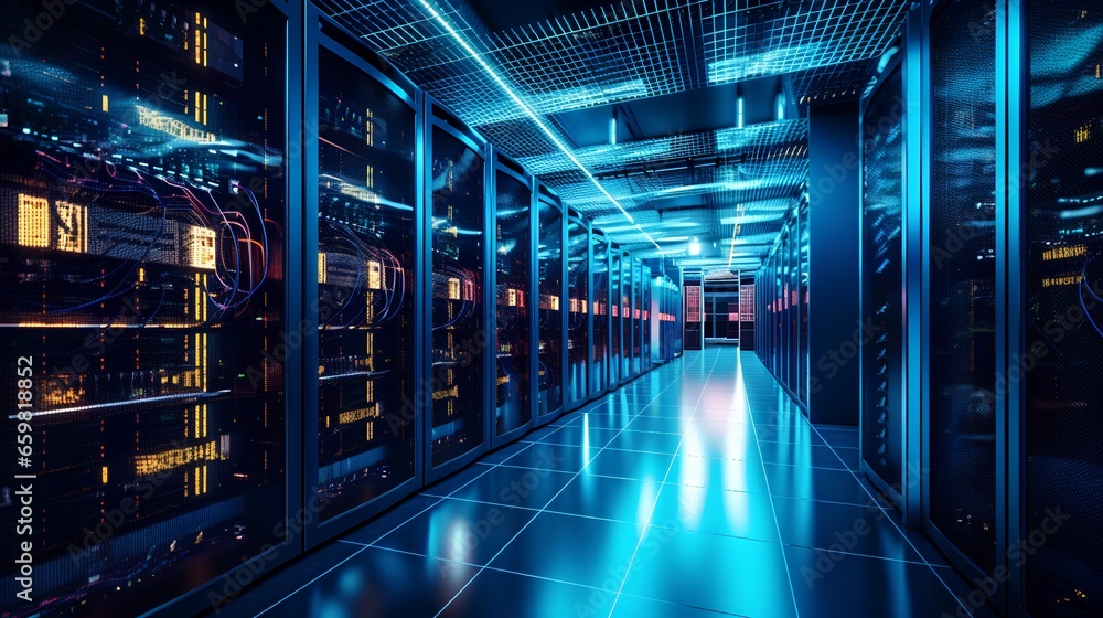 Modern server room filled with highpowered IT racks with latest in data ...