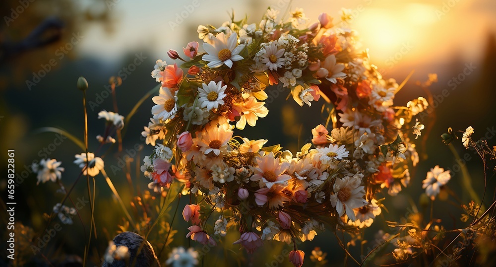 Symbol of Summer Solstice Day. Beautiful wreath of daisies and meadow ...