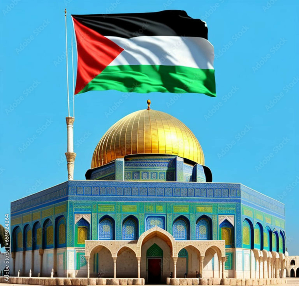 Palestine flag waving a mosque looks like dome pf the rock Stock ...