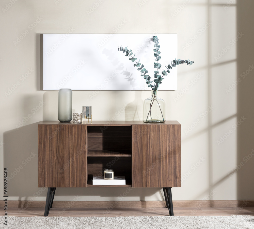 Modern Living Room Featuring a Mid-Century Modern Wooden Commode with ...