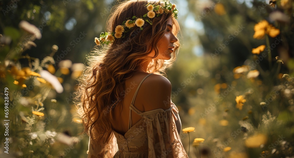 Beautiful woman in flower wreath on the meadow in forest. Floral crown ...