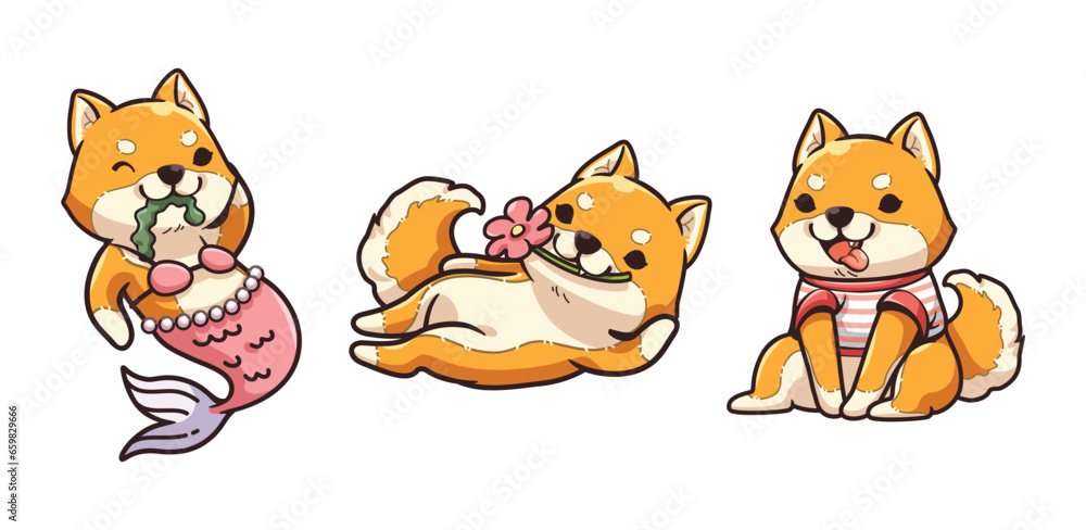 Cute cartoon illustration of cute dog sitting, Cute dog reclining, and ...