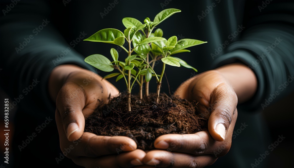 hands holding a plant. Hands holding dirt and plant. plant growing from ...