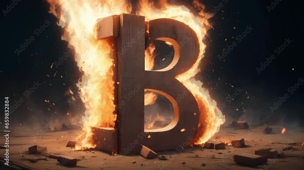 Letter B in fire isolated at dark background, seamless looping video ...