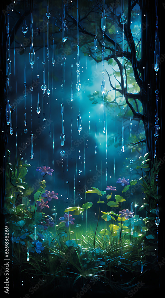 Rain background captures raindrops clinging to a windowpane, refracting ...
