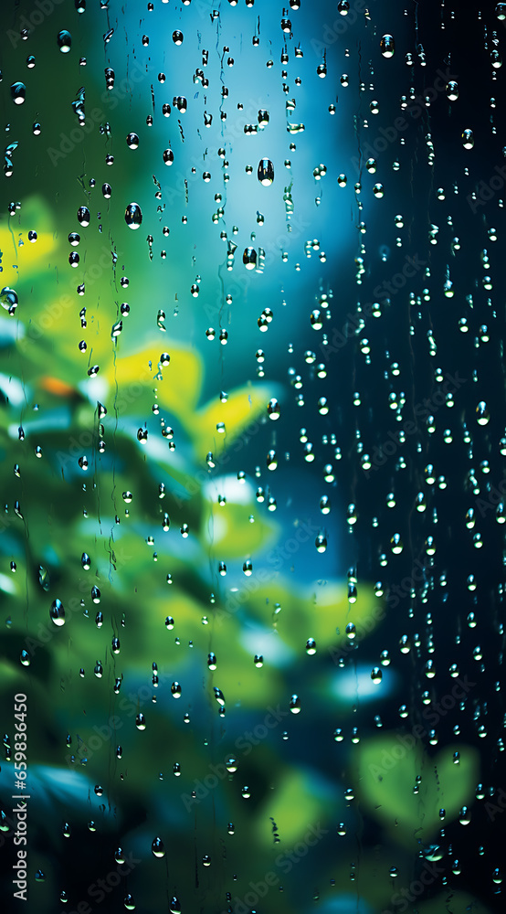 Rain background captures raindrops clinging to a windowpane, refracting ...