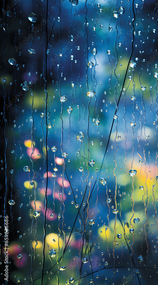 Rain background captures raindrops clinging to a windowpane, refracting ...