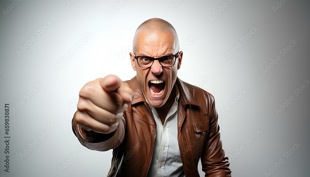 Angry man pointing a fire at the camera. Man in a suit being angry ...