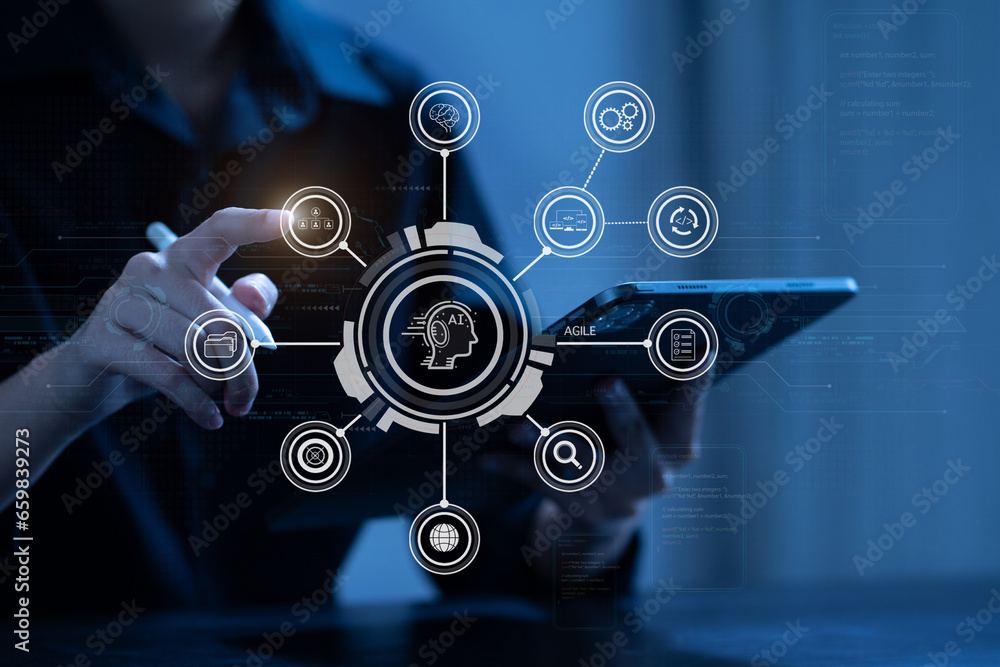 Agile development methodology concept. Business hand using smartphone ...