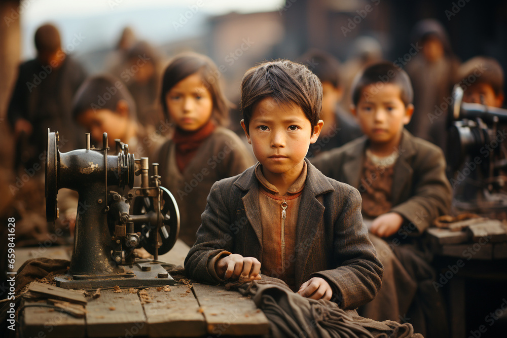 Child labour, children sewing clothes for textile and fashion industry ...
