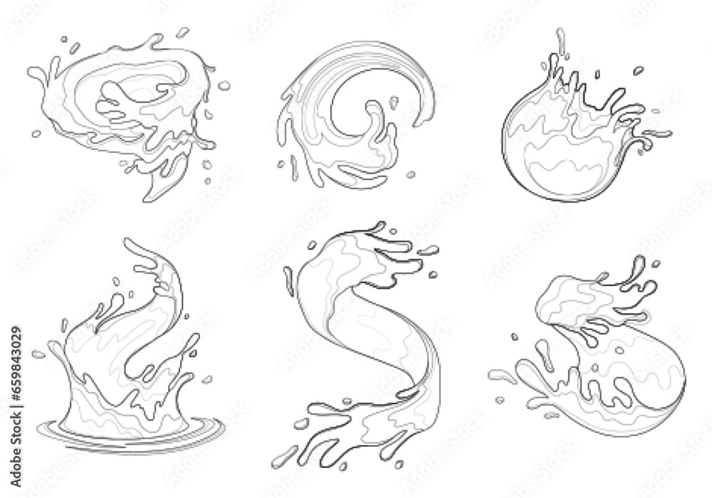 Water and juice splash liquide. Black doodle line. A drop shape ...