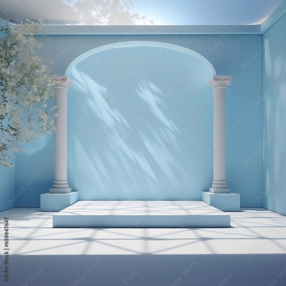 Empty blue room interior with spring leaves plant. 3d living room ...
