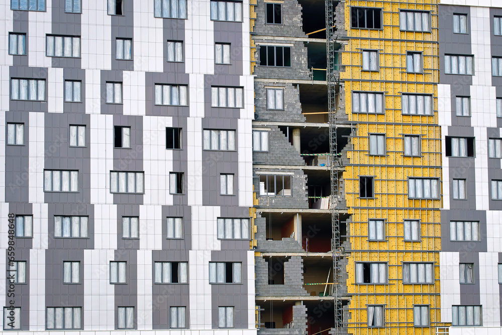 Cladding and warming wall with rock wool. Insulation walls of building ...