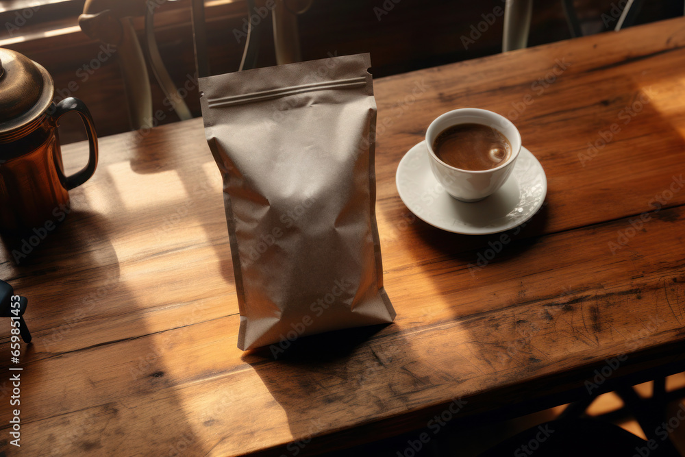 Blank coffee packaging on a wooden table with coffee seeds, cup with ...