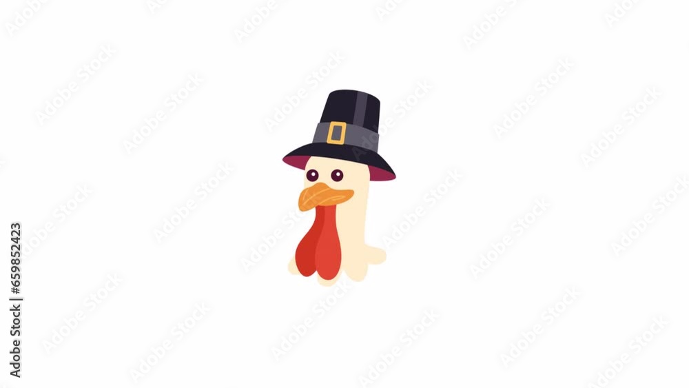 Pilgrim turkey blinking 2D avatar icon animation. Thanksgiving flat ...