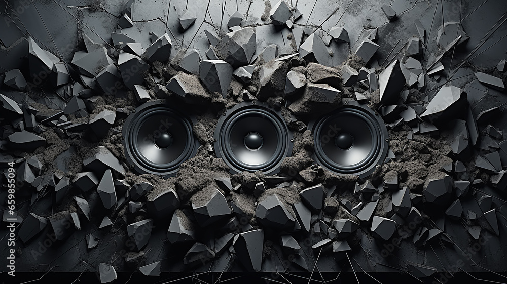 loud background music, cracks on the destroyed speaker from the ...