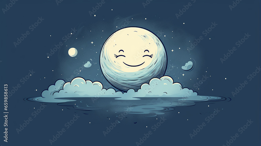 cartoon round moon on blue sky background, art character, good night ...