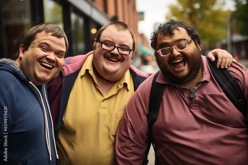 Three young men with down syndrome are smiling on the street. World ...