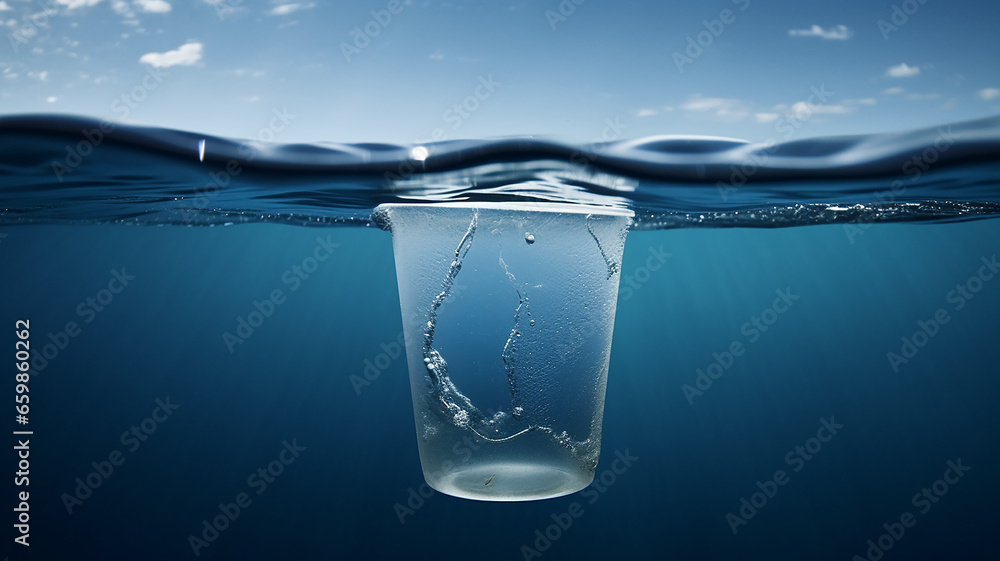 plastic cup floating underwater in the ocean sea pollution by garbage ...