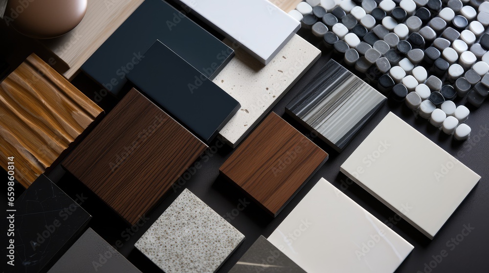 samples of interior material consists concrete tile, wooden laminated ...