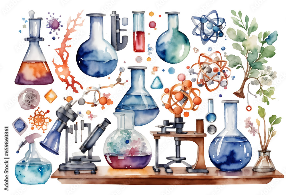 Science Lab watercolor clip art isolated on transparent transparent ...