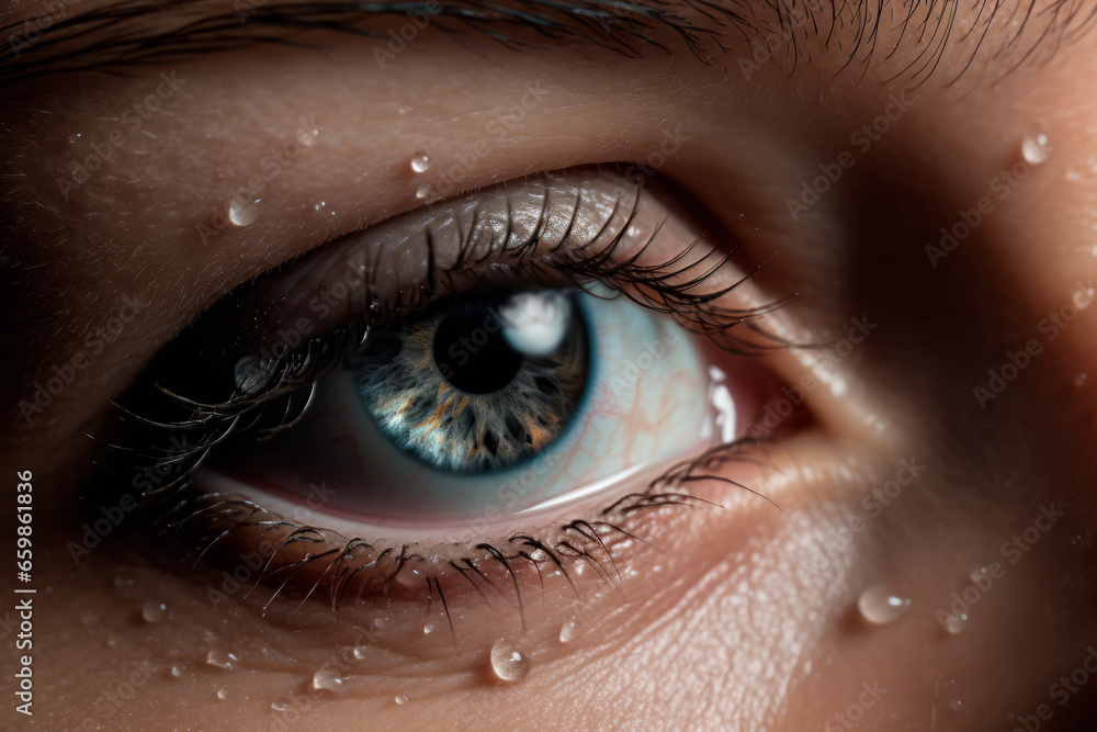Ojo visto de cerca con gotas de sudor en la piel. Stock Photo | Adobe Stock