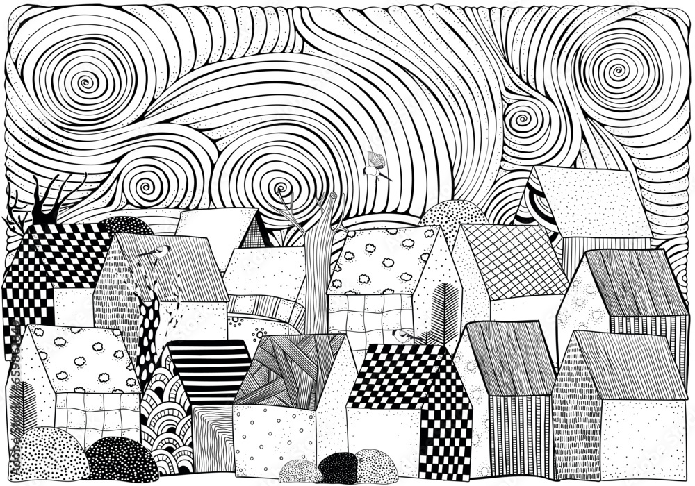 Starlight Night. Black And White Adult Coloring Book Page. Doodle ...