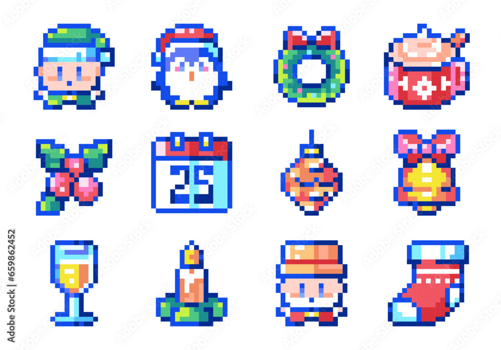 Pixel Art Y2K Christmas Set. 8bit Elf, Penguin, Wreath, Calendar ...