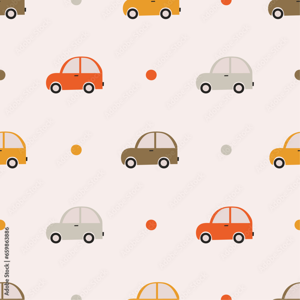 Cartoon cars bohemian style. Seamless pattern with transport. Simple ...