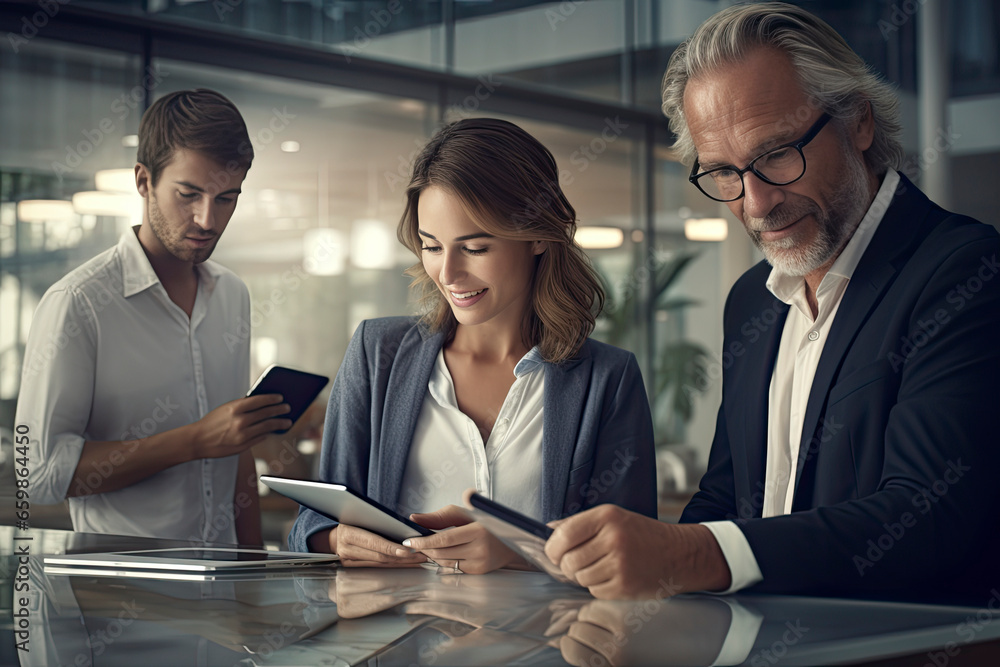 An older employee helps younger colleagues with office equipment ...