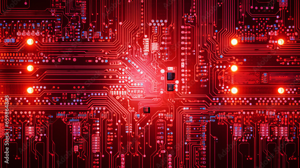 background red computer board chip, overheating computer processor ...