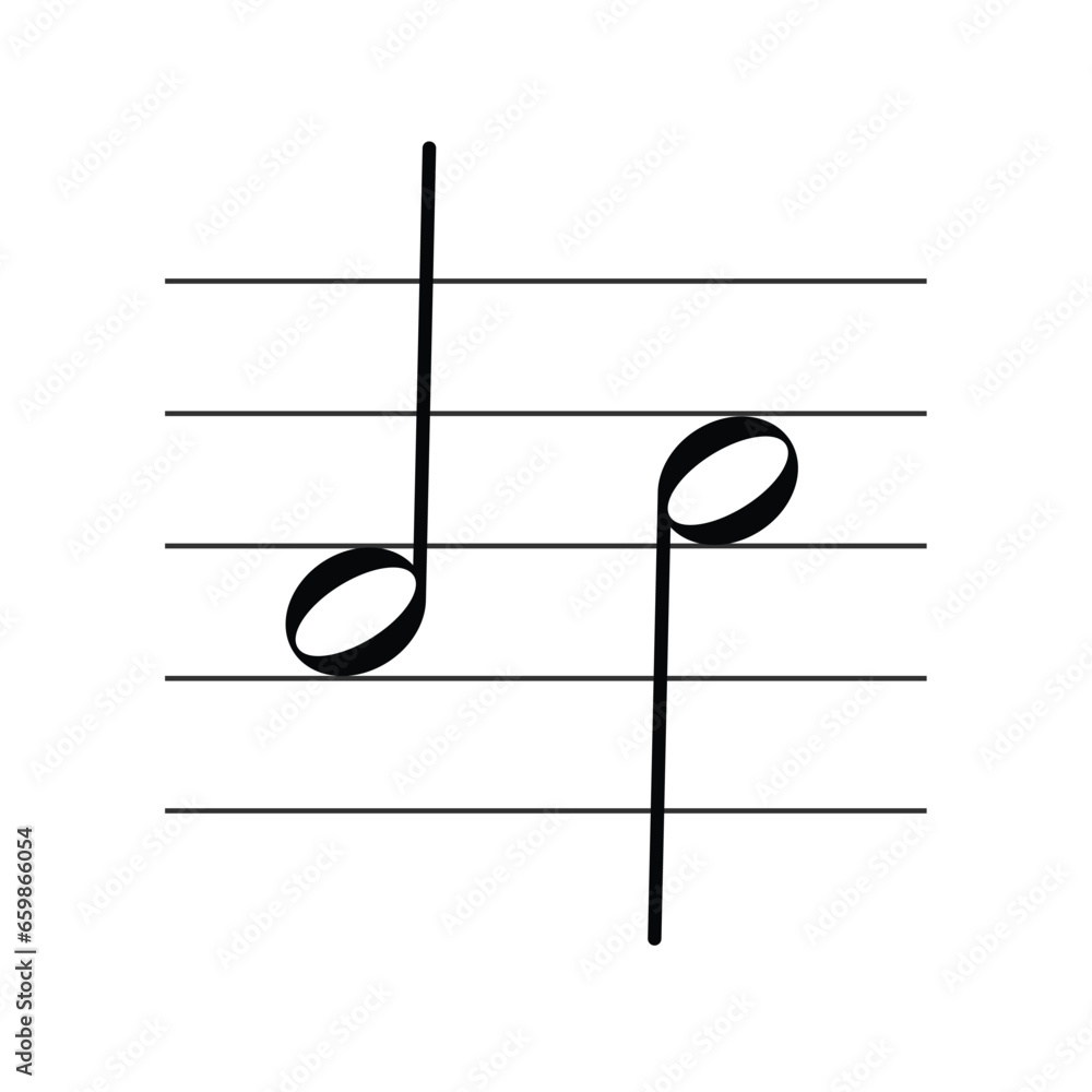 Minim or half note symbol on staff flat vector isolated on white ...