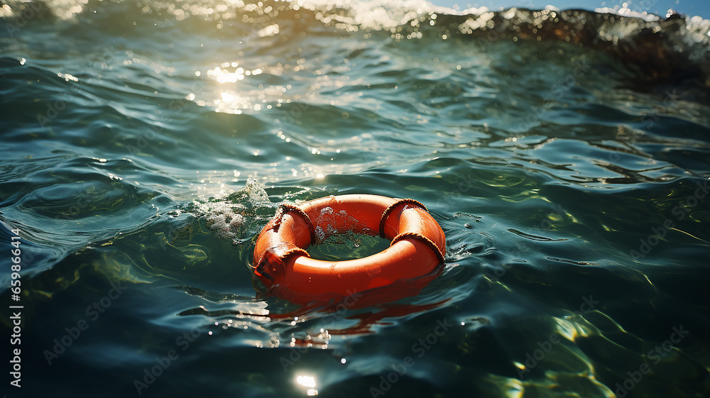 a lifebuoy floats on the surface of a stormy sea, the concept is the ...