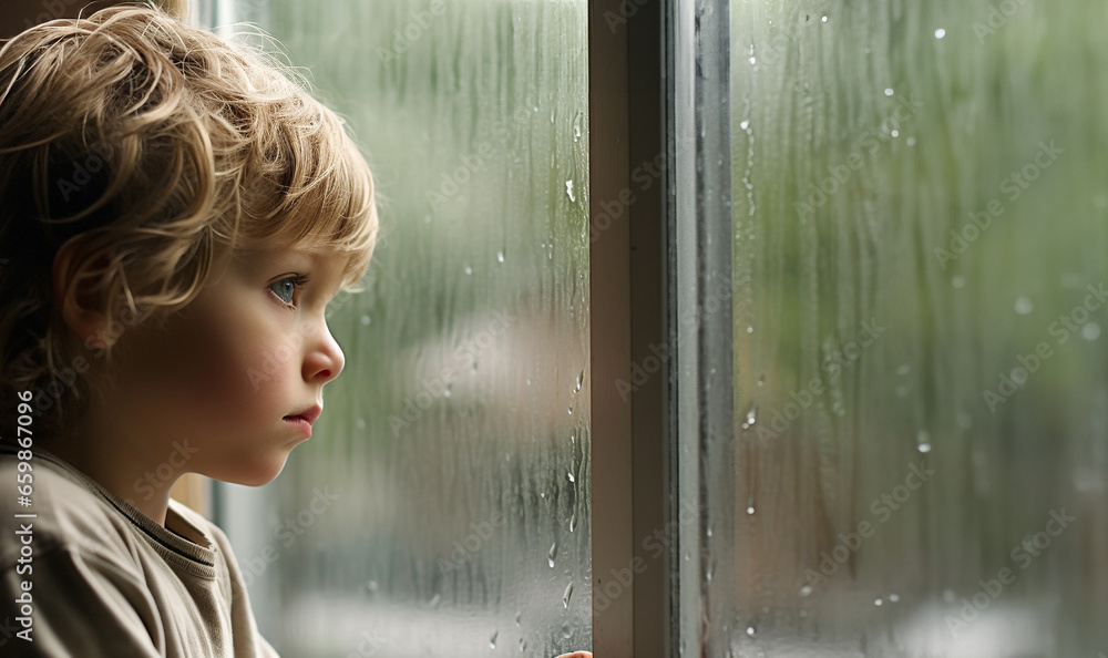Sad cute child looking trough the window on a rainy day. Pensive child ...