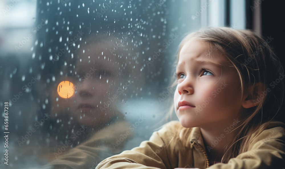 Sad cute child looking trough the window on a rainy day. Pensive child ...